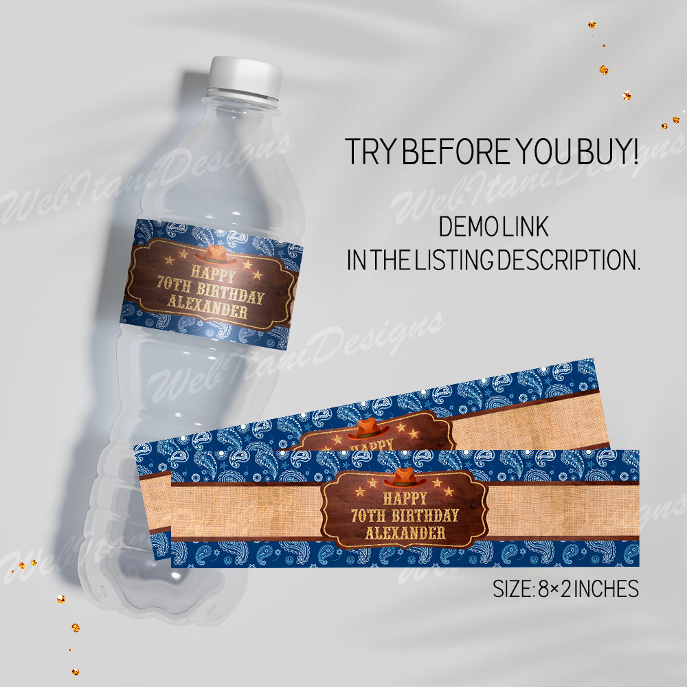Blue Gold Western Water Bottle Label for Wild West Party