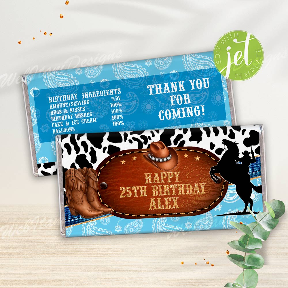 Blue Western Party Candy Bar Wrapper – Editable Cowboy Birthday Favor ...