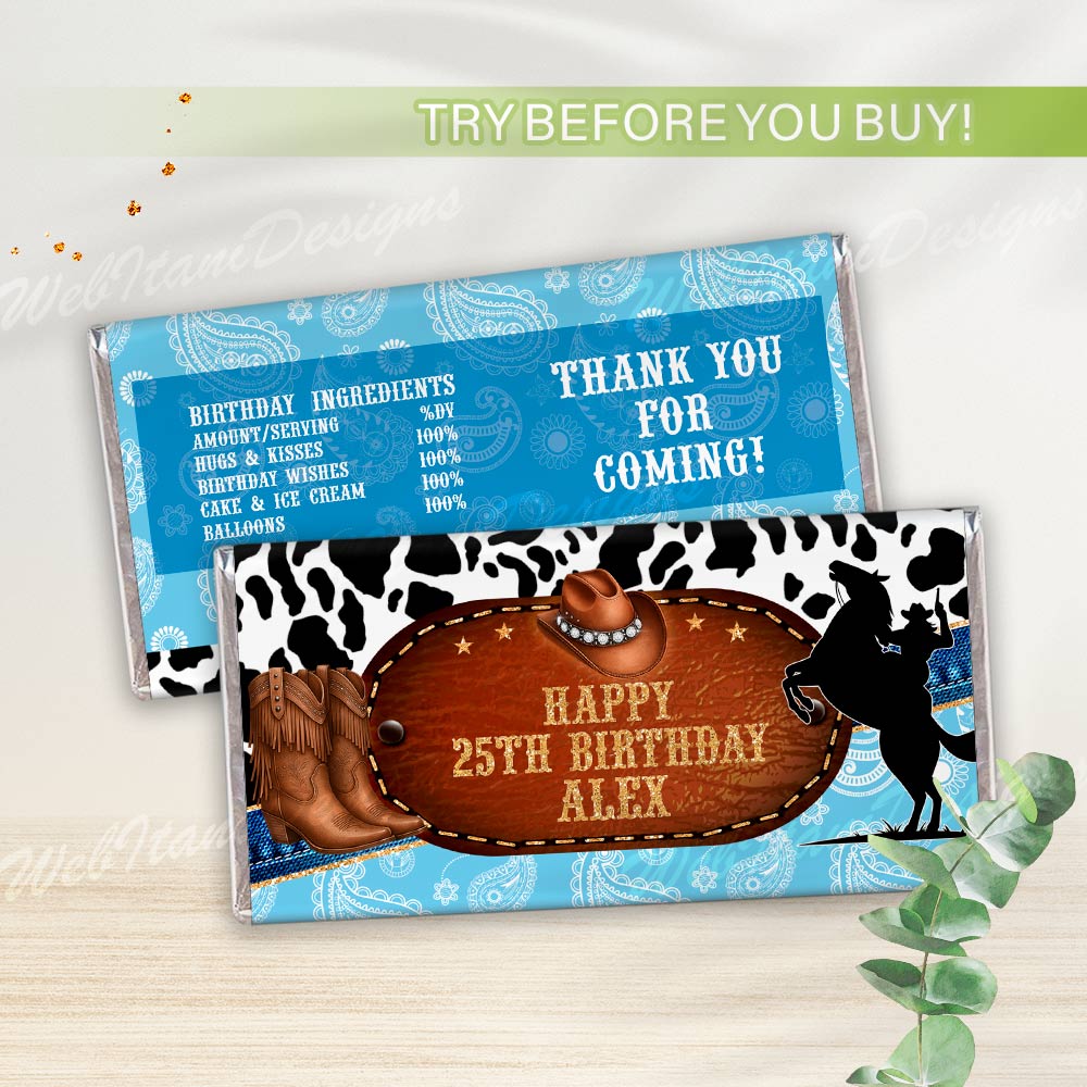 Blue Western Party Candy Bar Wrapper – Editable Cowboy Birthday Favor ...