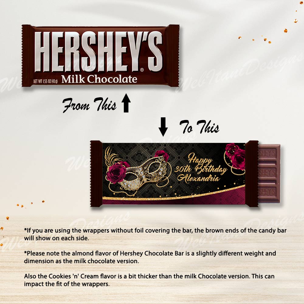 Burgundy Gold Masquerade candy bar wrappers for Birthday / New Year's ...