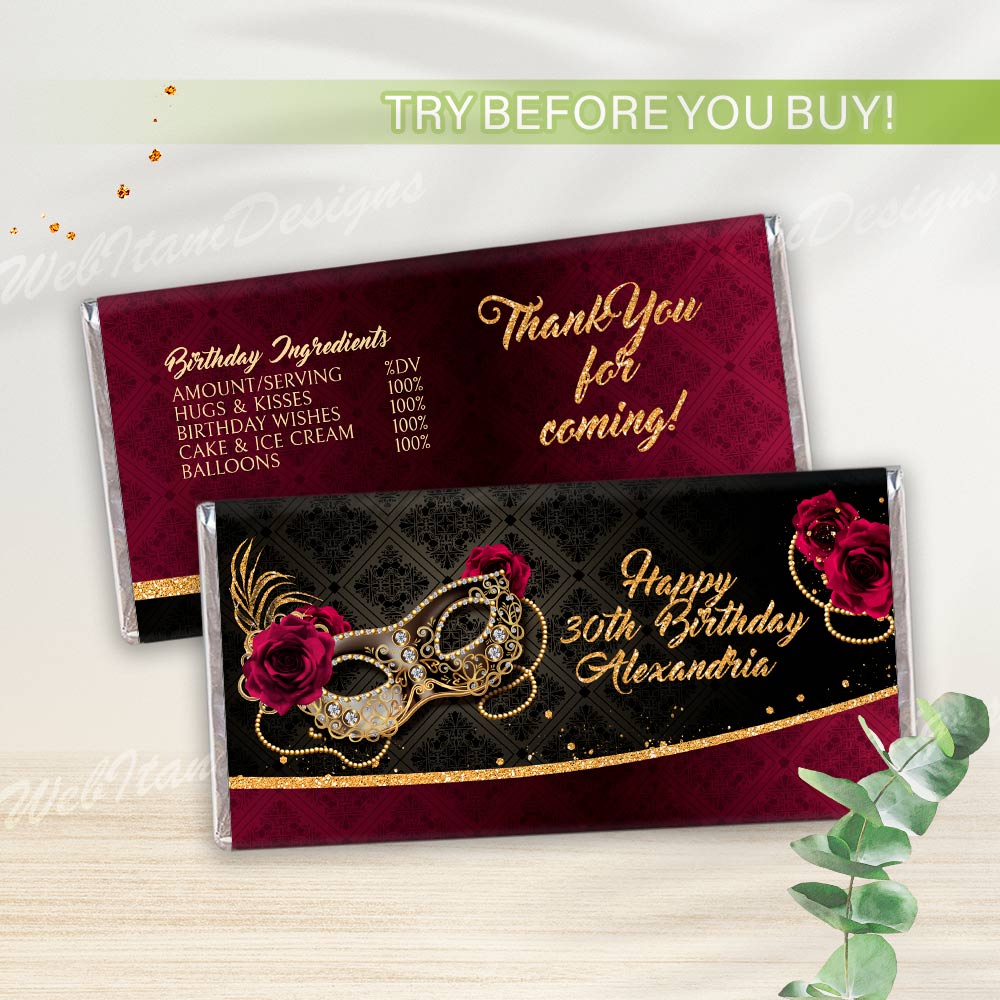 Burgundy Gold Masquerade candy bar wrappers for Birthday / New Year's ...