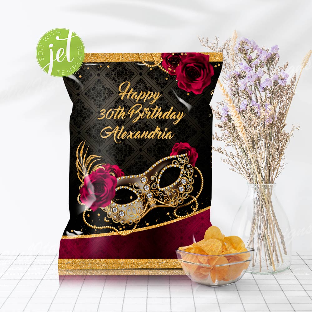 Personalized Chip bag for Burgundy Gold Masquerade Party