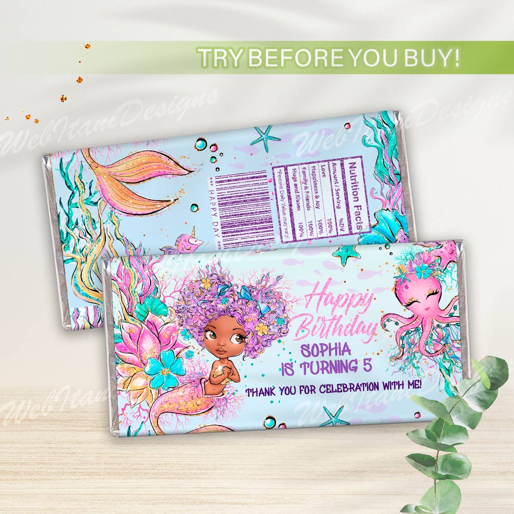 Editable Mermaid Candy Bar Wrappers – Printable Party Favor – WebItani Designs
