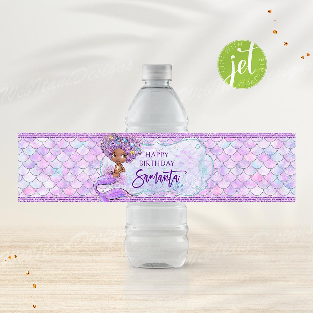 Purple Mermaid Water Bottle Labels – Printable & Editable Party Decor ...